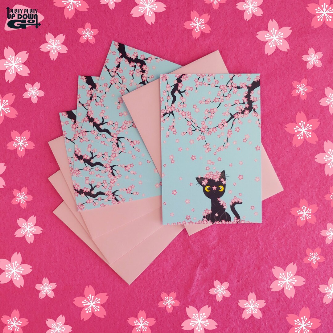 Hanami-inspired Funny Black Cat Cherry Blossom Postcards set of 4 Cards ...