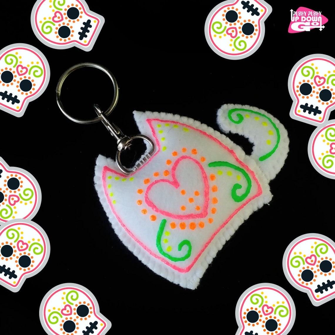 Kawaii Sugar Skull Cat Plush Keychain & Food Bag Charm, Kawaii Dia De ...