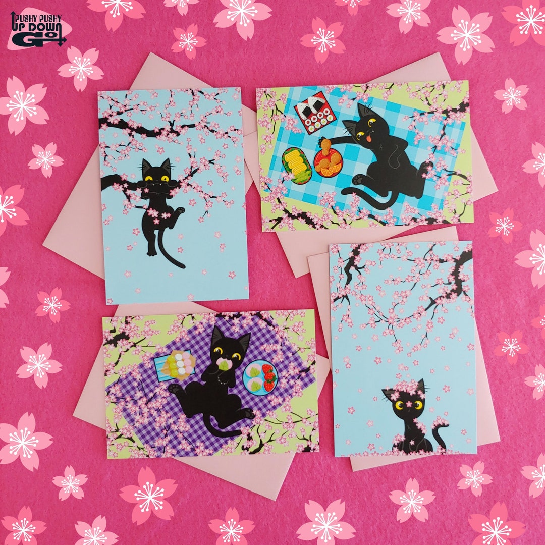 Hanami-inspired Funny Black Cat Cherry Blossom Postcards (set of 4 ...