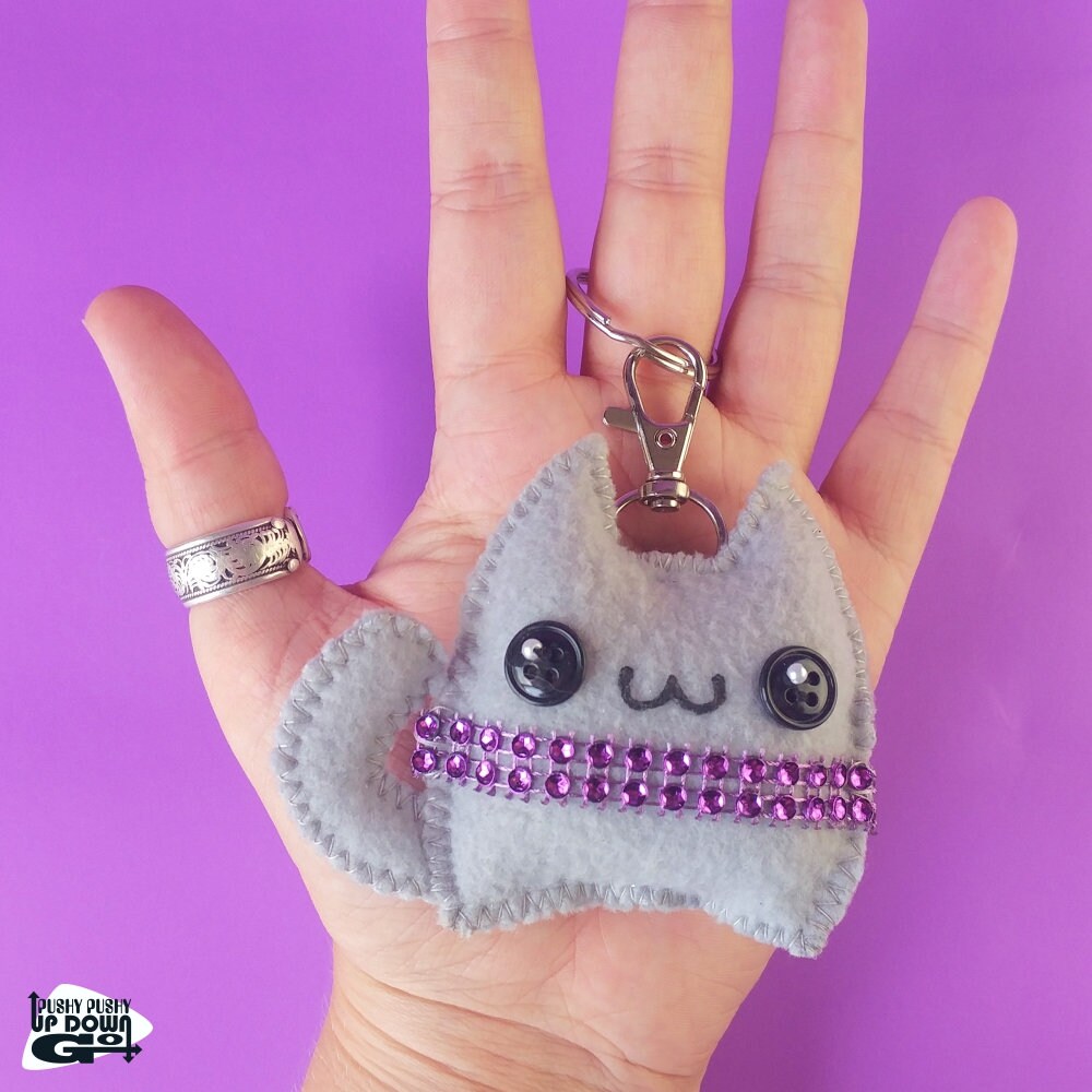 Cute Kawaii Purple Rhinestone Gray Cat Plush Keychain & Bag - Etsy