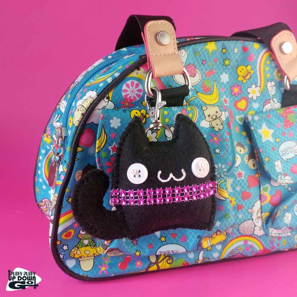 Cute Kawaii Pink Rhinestone Black Cat Plush Keychain & Bag | Etsy