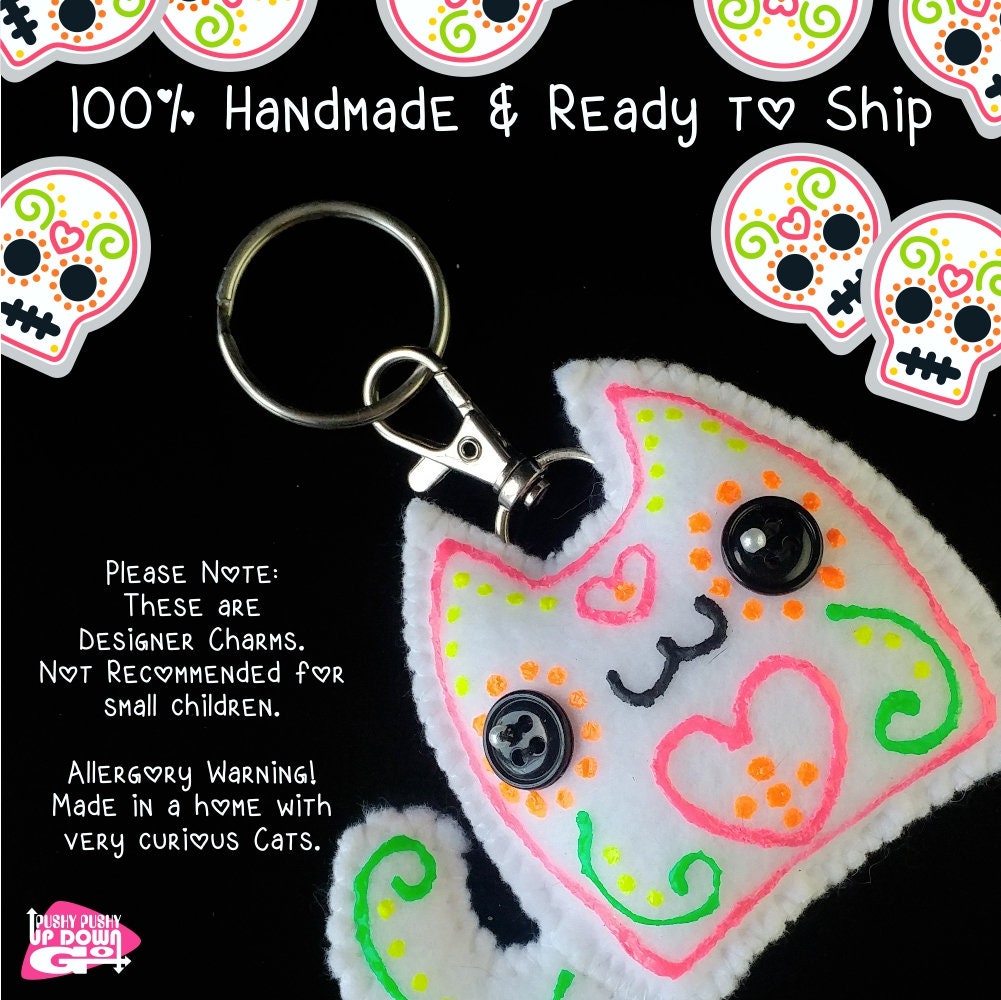 Kawaii Sugar Skull Cat Plush Keychain & Food Bag Charm, Kawaii Dia De ...
