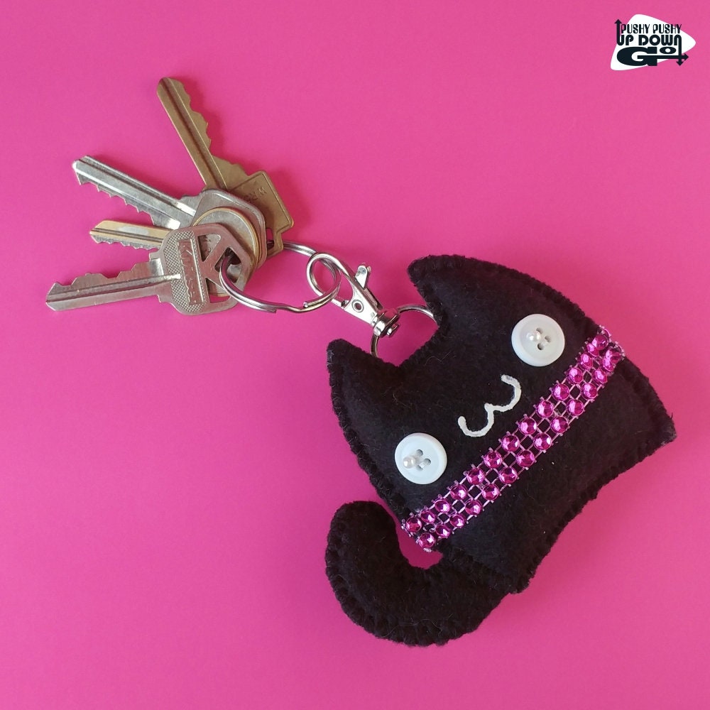 Cute Kawaii Pink Rhinestone Black Cat Plush Keychain & Bag - Etsy