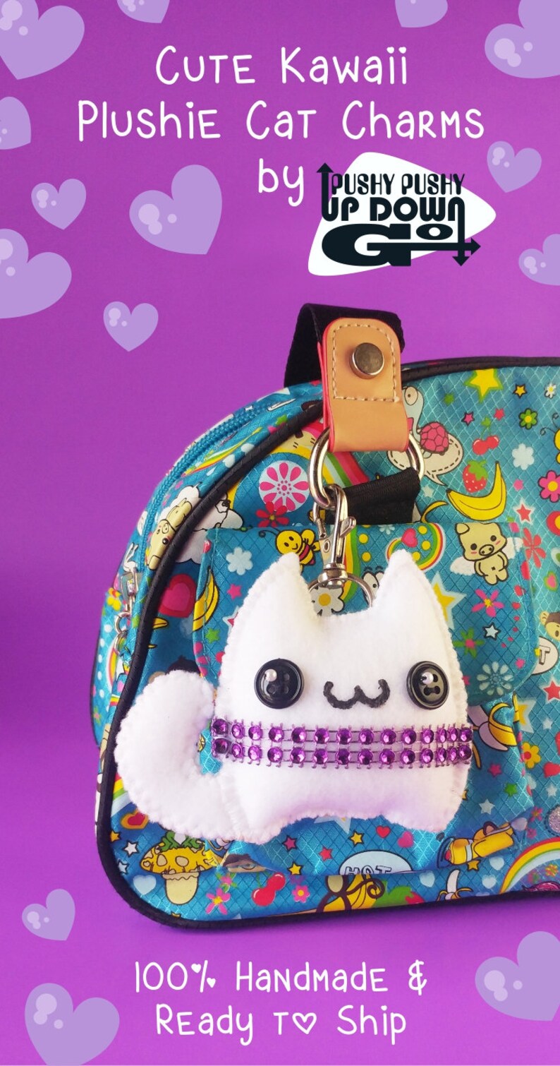 Cute Kawaii Purple Rhinestone White Cat Plush Keychain & Bag Charm ...
