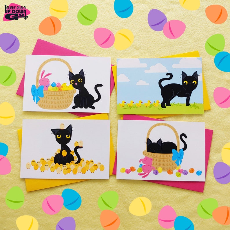 Funny Black Cat Easter Postcards set of 4 Cards Envelopes - Etsy