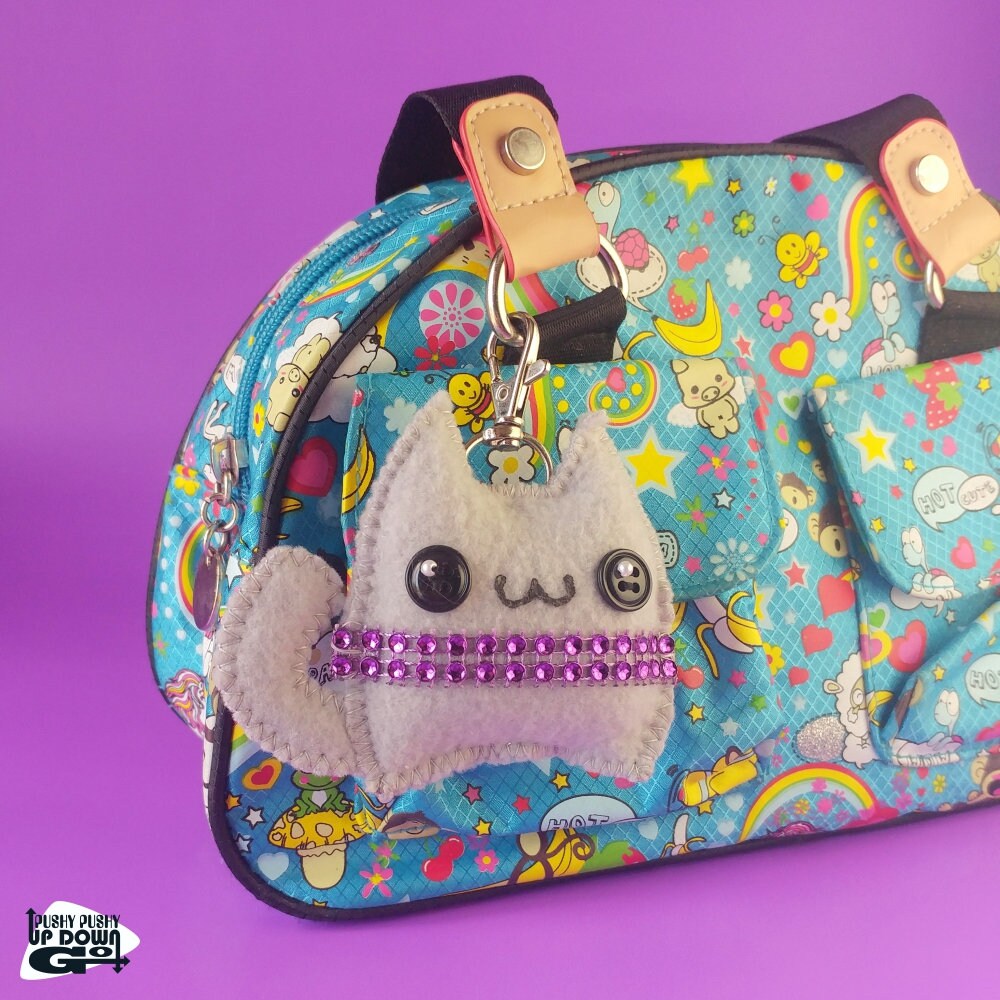 Cute Kawaii Purple Rhinestone Gray Cat Plush Keychain & Bag - Etsy