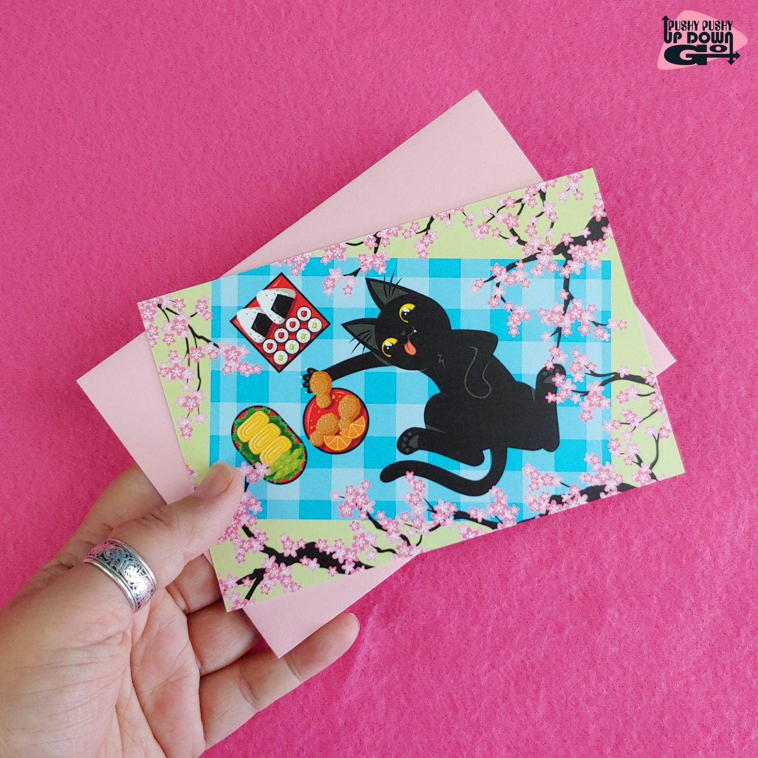 Hanami-inspired Funny Black Cat Spring Picnic Postcards set | Etsy