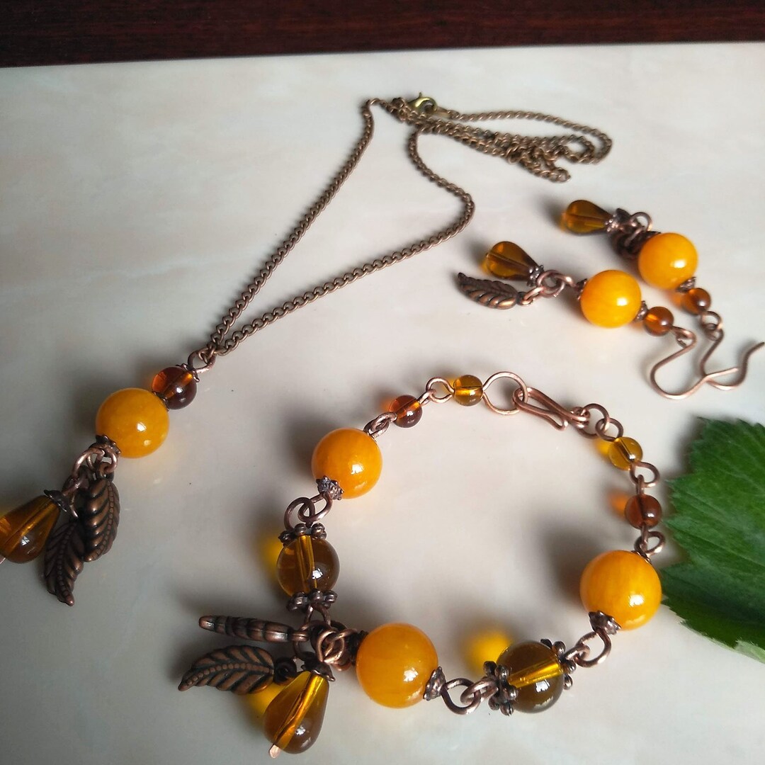 This is a Bohemian Jewelry Set With Yellow Beads. Earrings With Natural ...