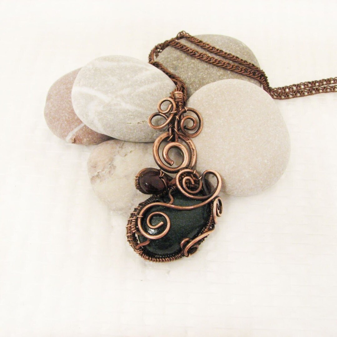 Copper Wire Wrapped Pendant: Garnet & Sea Pebble Amulet - Etsy
