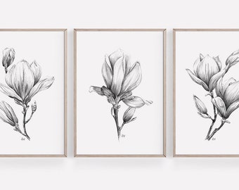 PRINTABLE Magnolia Drawing Wall Art Print Set of 3, Graphite Pencil ...