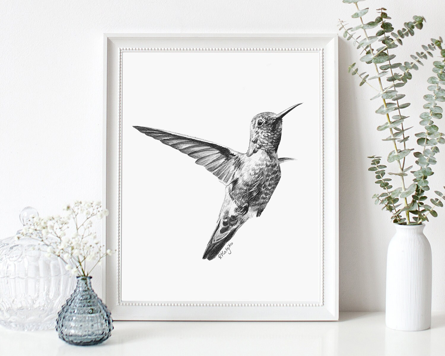 PRINTABLE Hummingbird Art Print, Hummingbird in Flight Pencil Drawing ...