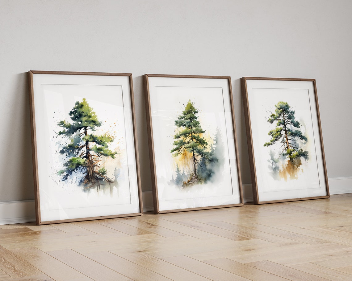 Pine Trees Wall Art PRINT Set of 3, Watercolour Paintings, Green ...