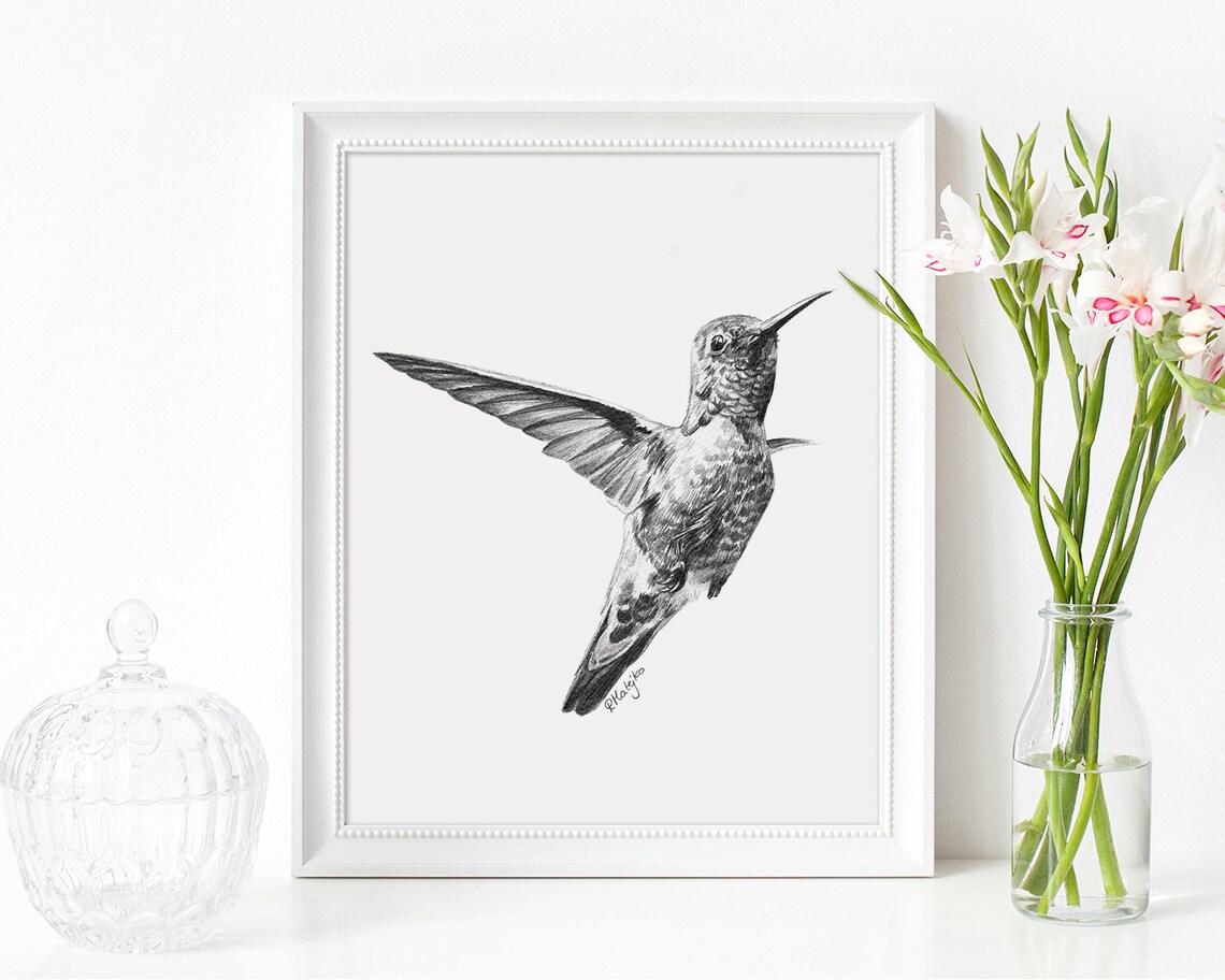 PRINTABLE Hummingbird Art Print, Hummingbird in Flight Pencil Drawing ...