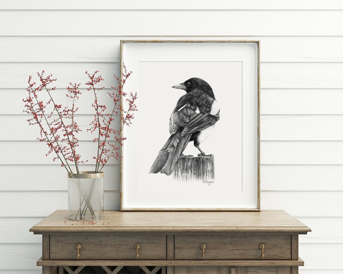 PRINTABLE Magpie Art Print, Magpie Bird Pencil Drawing Wall Art, Corvid ...