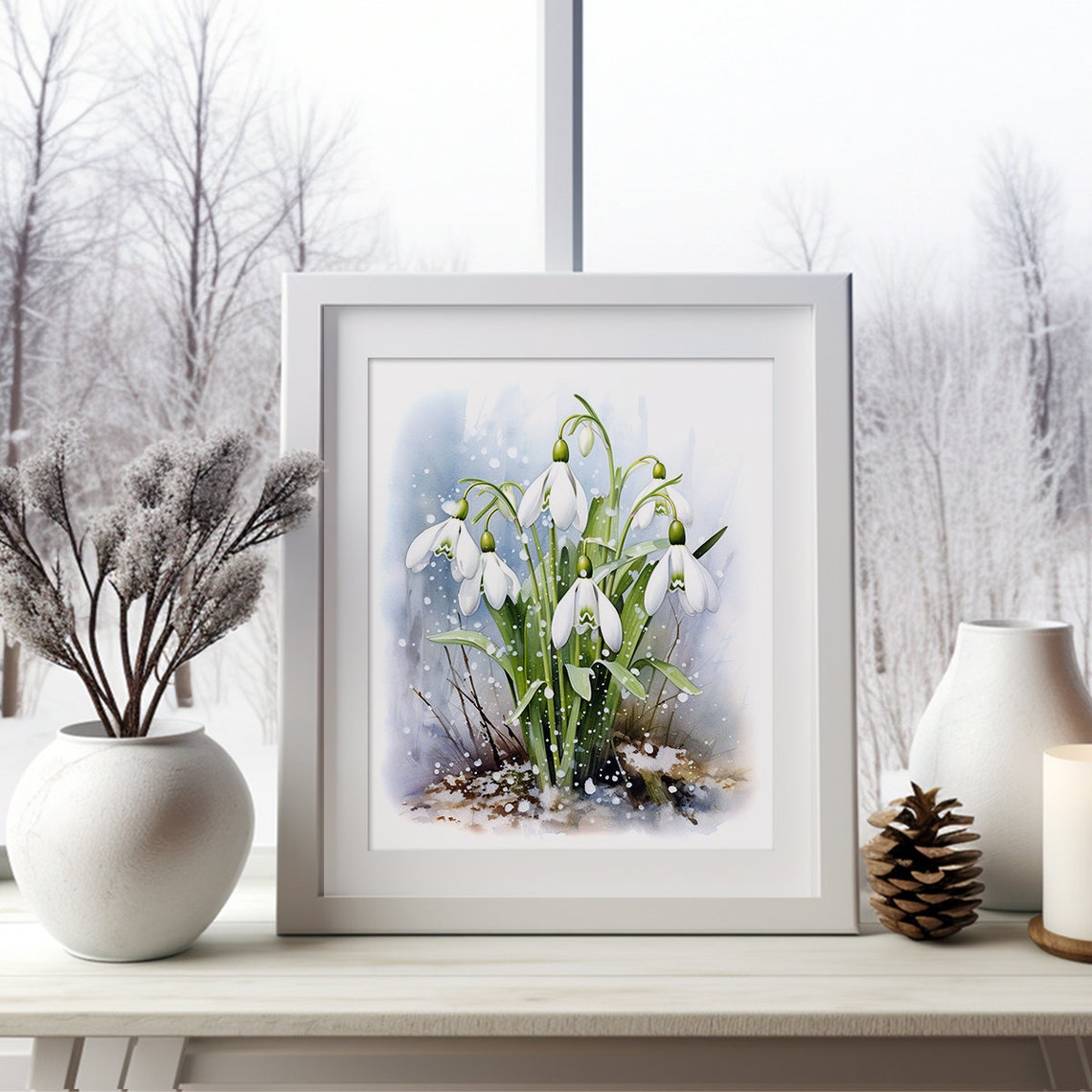 Snowdrops Art PRINT, Winter Flower Watercolour Painting Wall Art, White ...