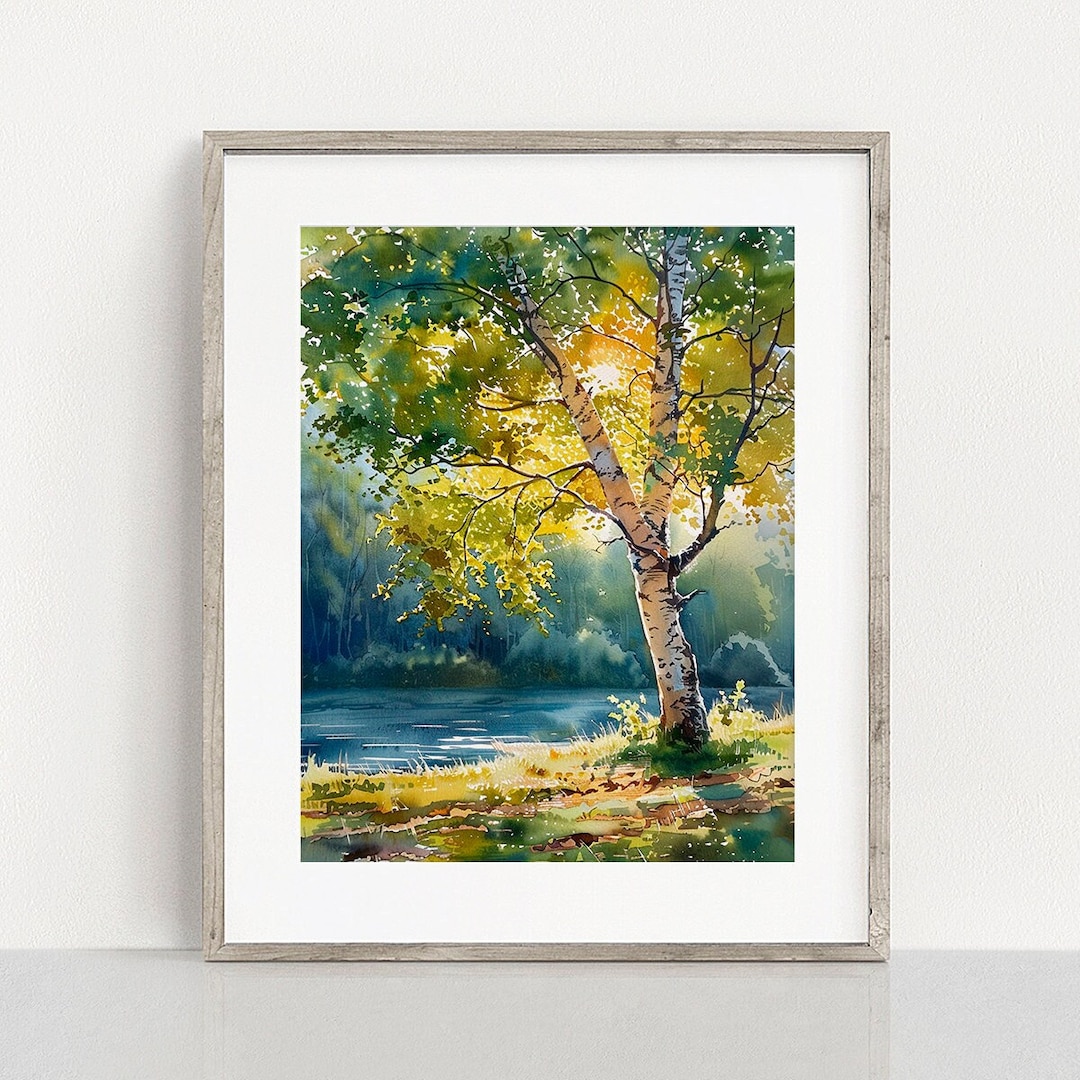 Silver Birch Tree Art PRINT, Tree Watercolor Painting Wall Art, Green ...