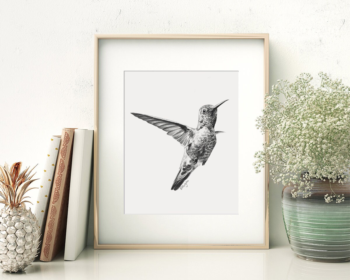 PRINTABLE Hummingbird Art Print, Hummingbird in Flight Pencil Drawing ...