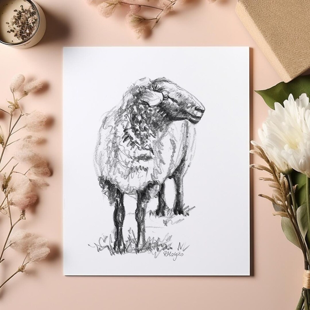 ORIGINAL Sheep Pencil Drawing, Farm Animal Wall Art, Livestock ...