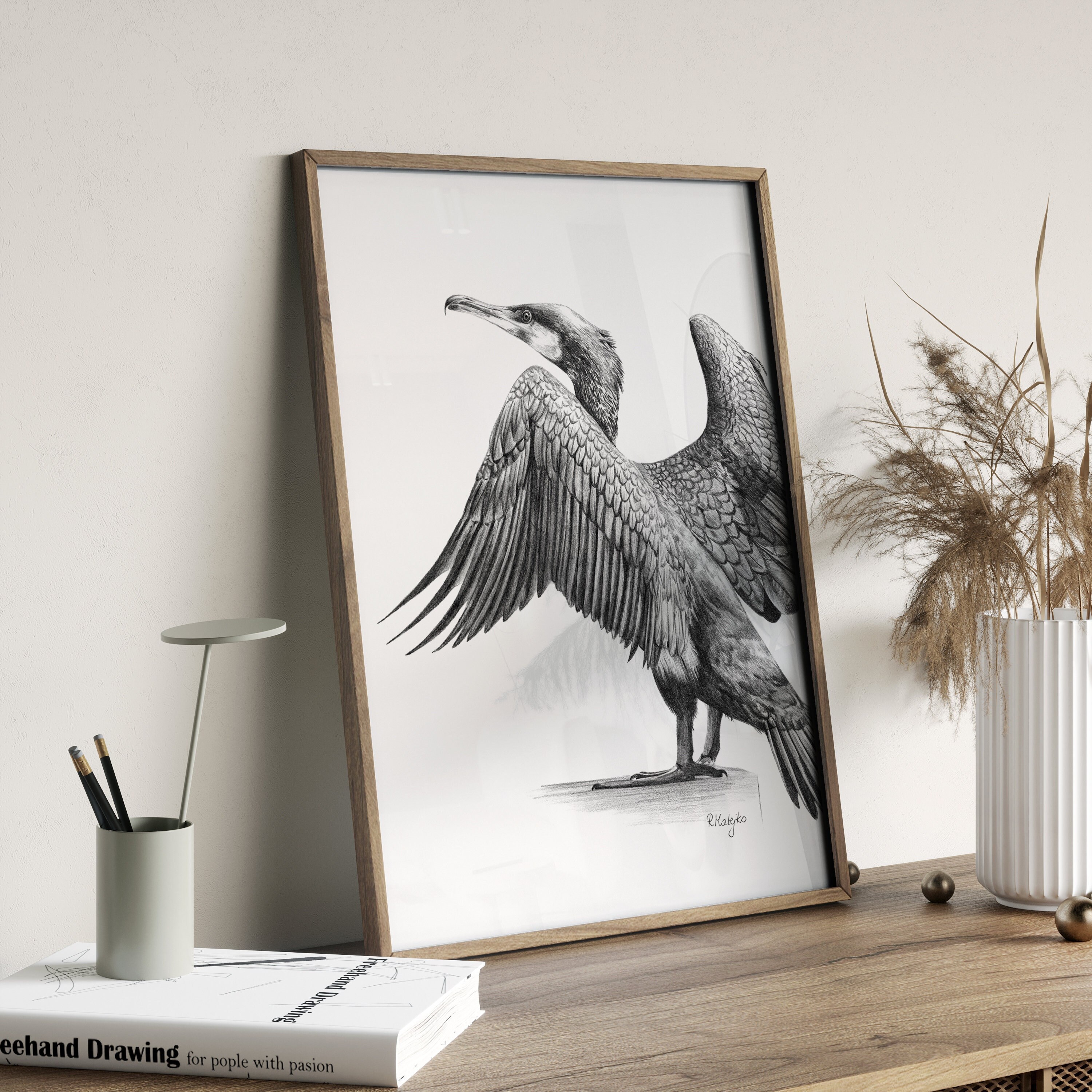 Cormorant Wall Art PRINT, Cormorant Pencil Drawing, Water Bird Sketch ...