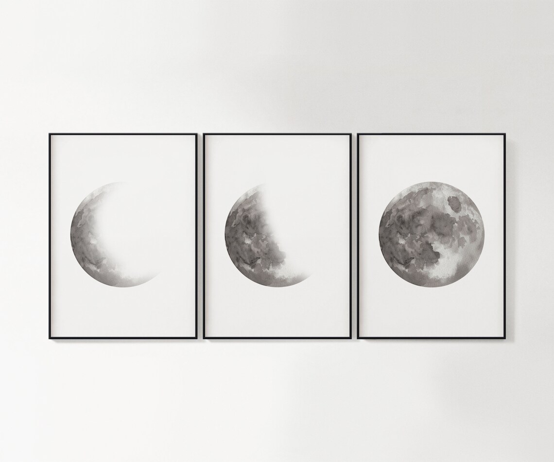 PRINTABLE Moon Phases Art Set of 3 Watercolor Moon Painting - Etsy