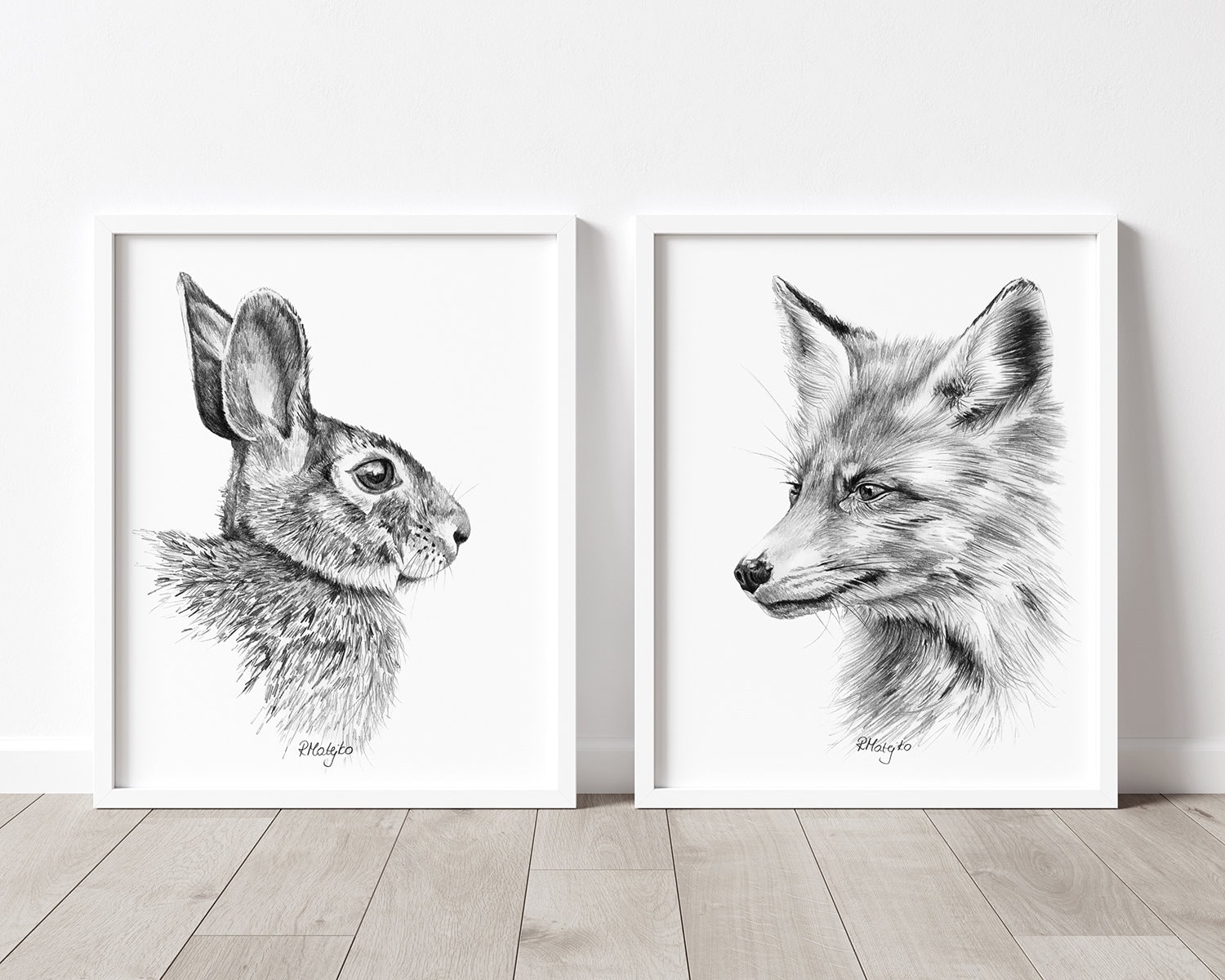 PRINTABLE Bunny and Fox Art Print Set of 2, Pencil Drawing Wall Art ...