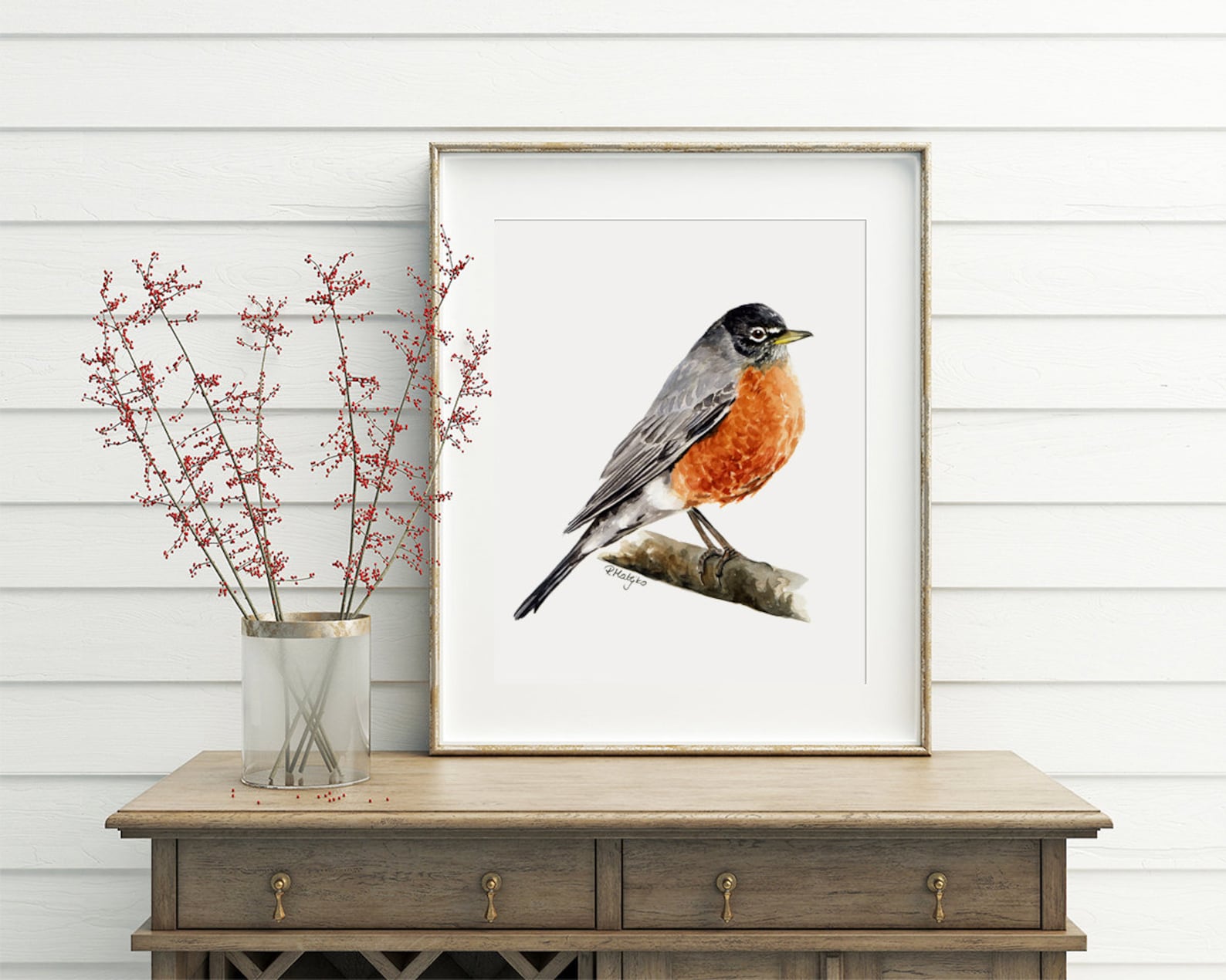 American Robin Art PRINT Robin Bird Watercolor Painting Wall - Etsy