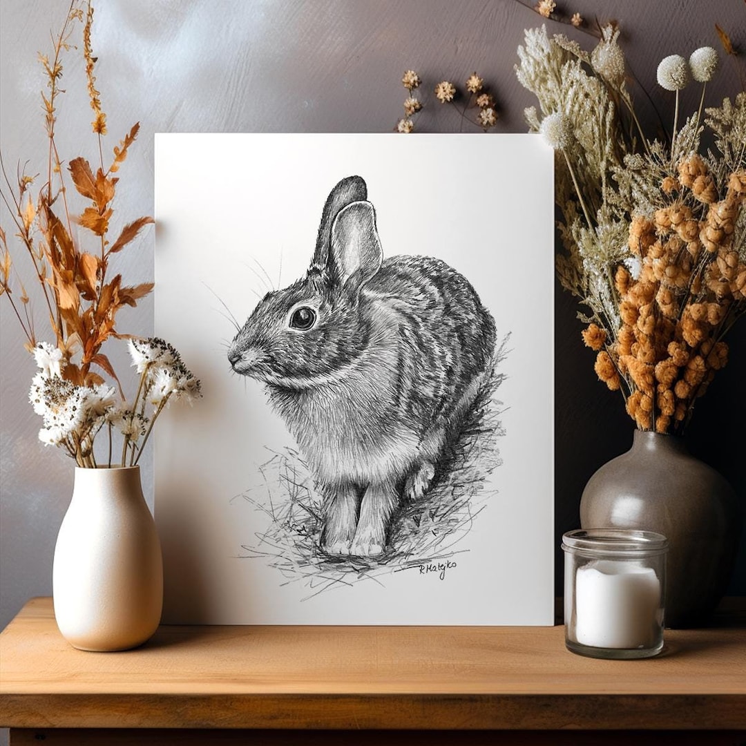 ORIGINAL Rabbit Pencil Drawing, Cute Bunny Wall Art, Nature Woodland ...