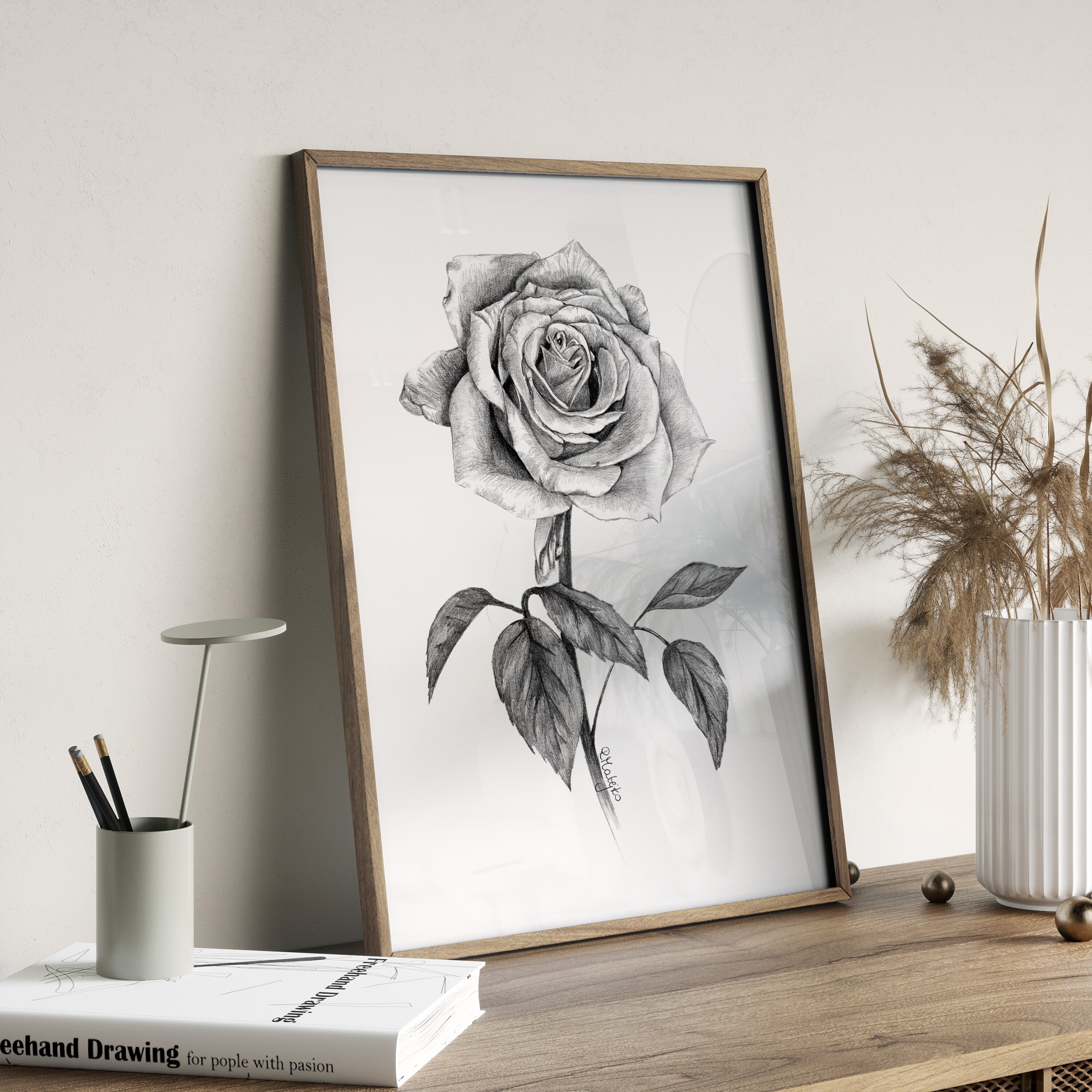 PRINTABLE Rose Art Print, Graphite Pencil Drawing, Botanical Wall Art ...