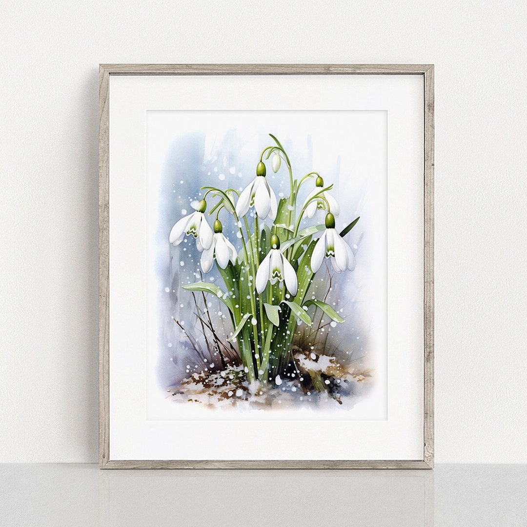 Snowdrops Art PRINT, Winter Flower Watercolour Painting Wall Art, White ...