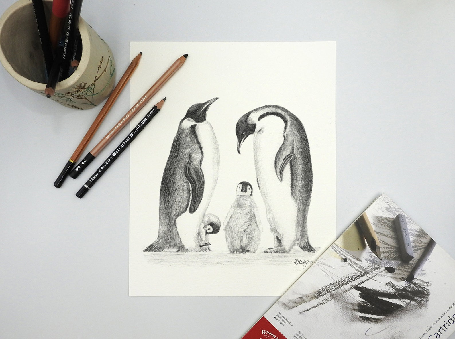 ORIGINAL Penguins Pencil Drawing, Penguin Seabird Wall Art, Nature ...
