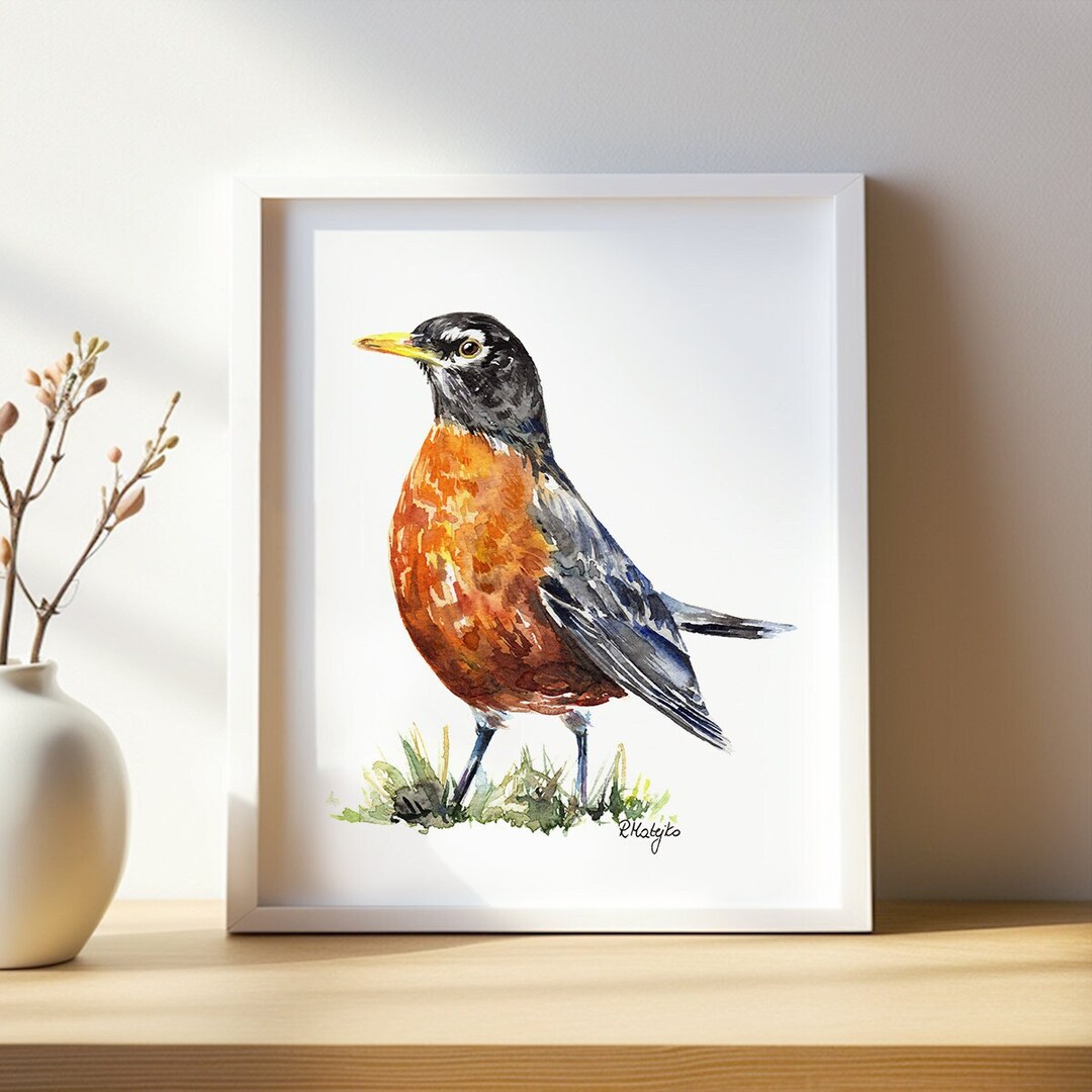 American Robin Art PRINT, Robin Bird Watercolor Painting Wall Art ...