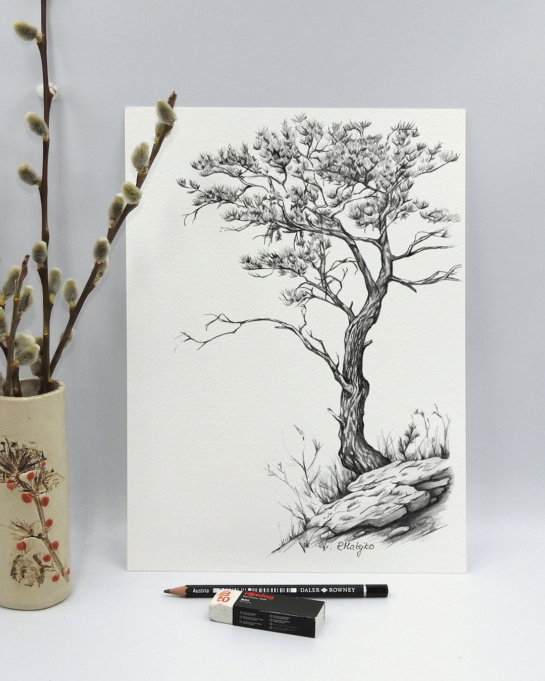 ORIGINAL Pine Tree Pencil Drawing, Tree Wall Art, Nature Farmhouse ...