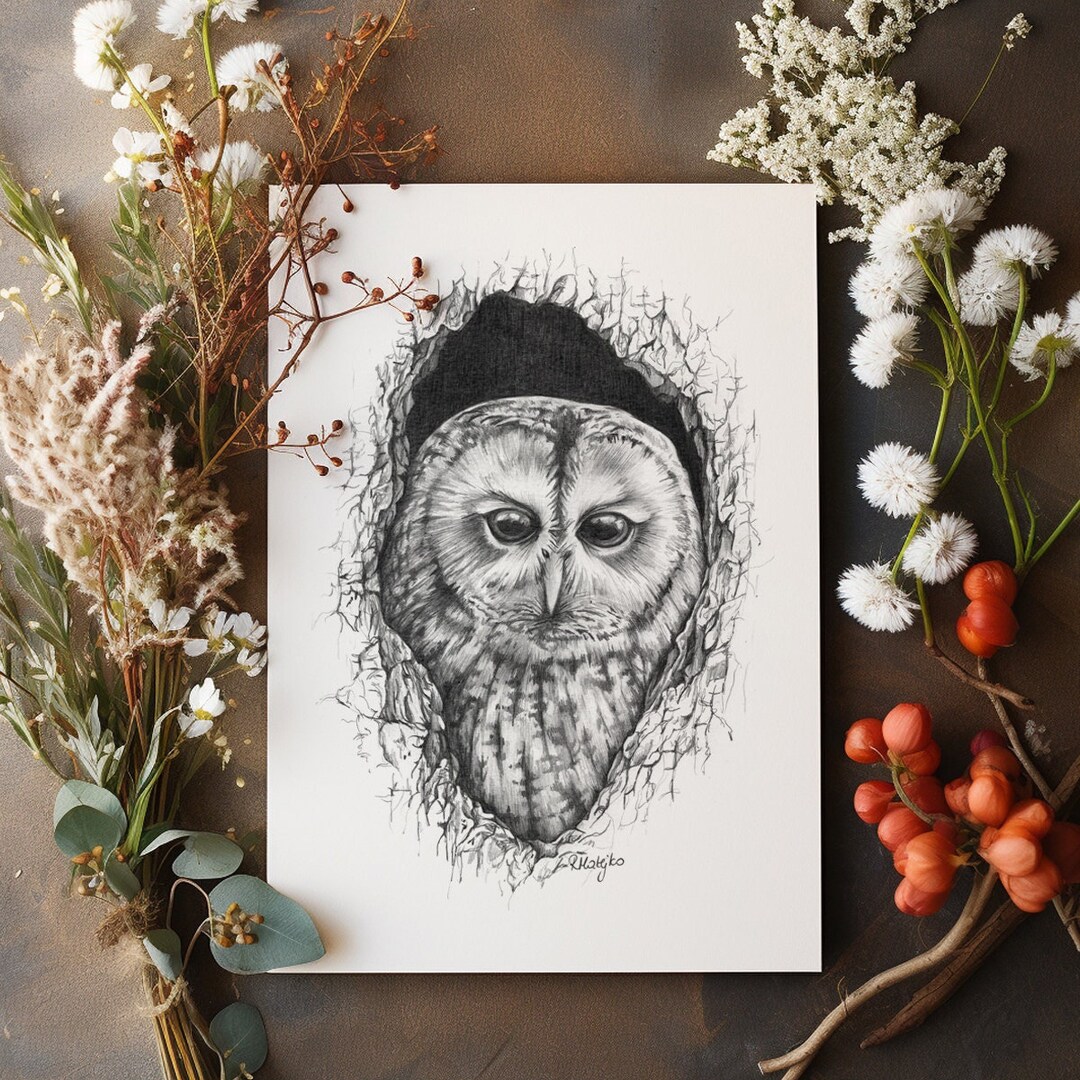 ORIGINAL Tawny Owl Pencil Drawing, Bird of Prey Wall Art, Nature ...