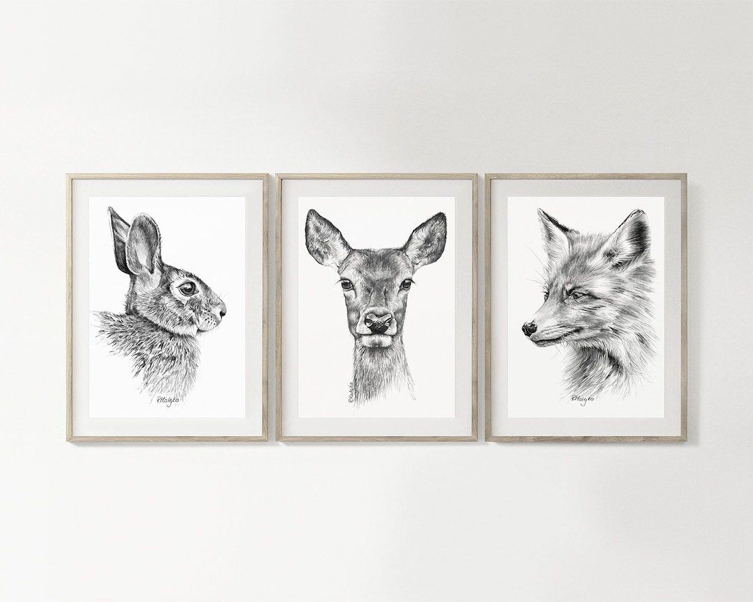 PRINTABLE Rabbit Deer Fox Wall Art Print Set of 3, Pencil Drawing ...
