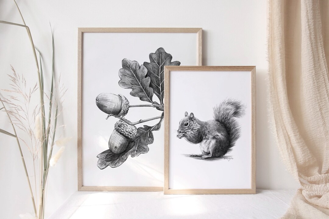 PRINTABLE Squirrel and Acorns Wall Art Print Set of 2, Squirrel Pencil ...