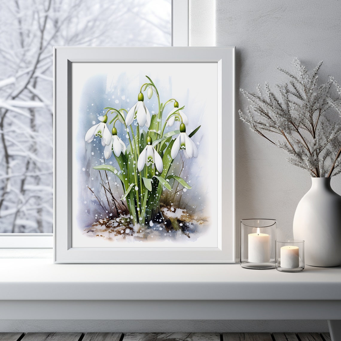 Snowdrops Art PRINT, Winter Flower Watercolour Painting Wall Art, White ...