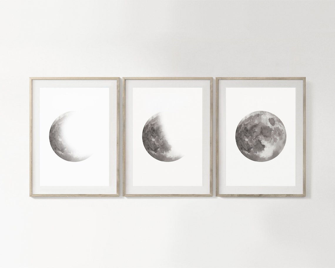 PRINTABLE Moon Phases Art Set of 3 Watercolor Moon Painting - Etsy