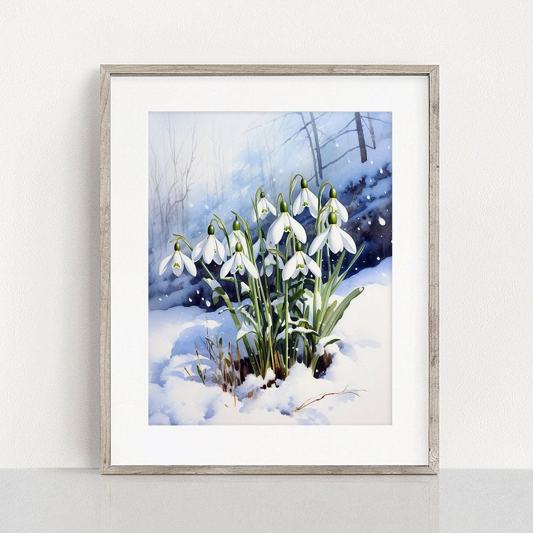 Snowdrops Art PRINT, Winter Flower Watercolour Painting Wall Art, White ...