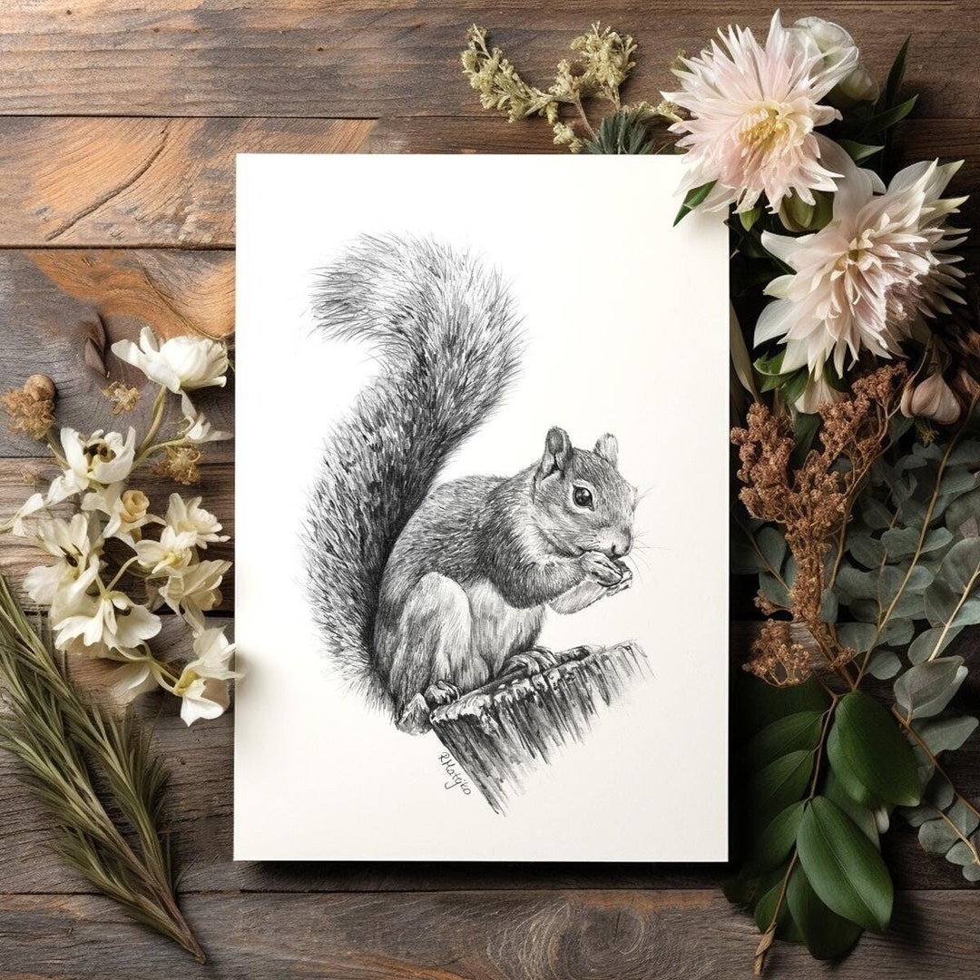 ORIGINAL Squirrel Pencil Drawing, Squirrel Wall Art, Nature Woodland ...