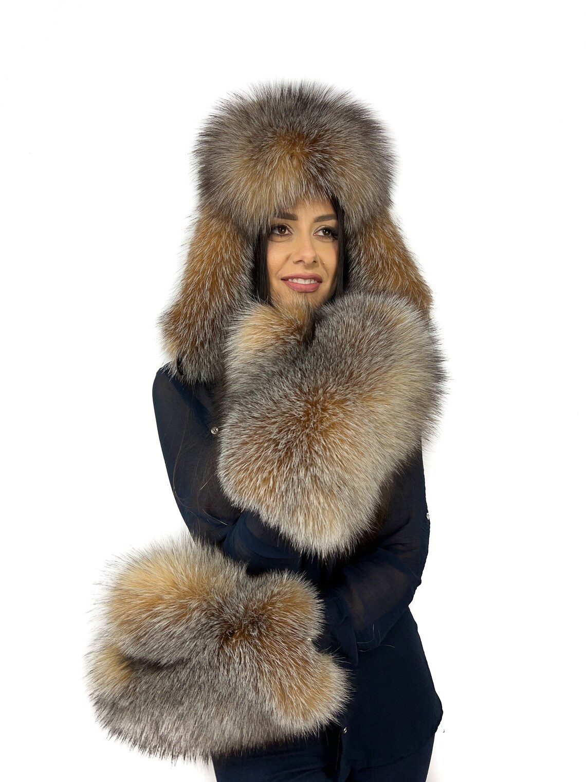 Giant Amber Blue Frost Fox Fur Mittens & Trapper Fur Hat Set - Etsy