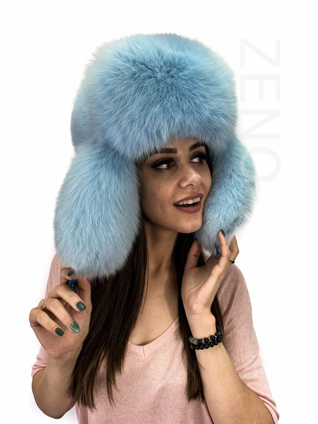 Arctic Fox Fur Hat Light Baby Blue Full Fur Ushanka Hat Adjustable Fur ...