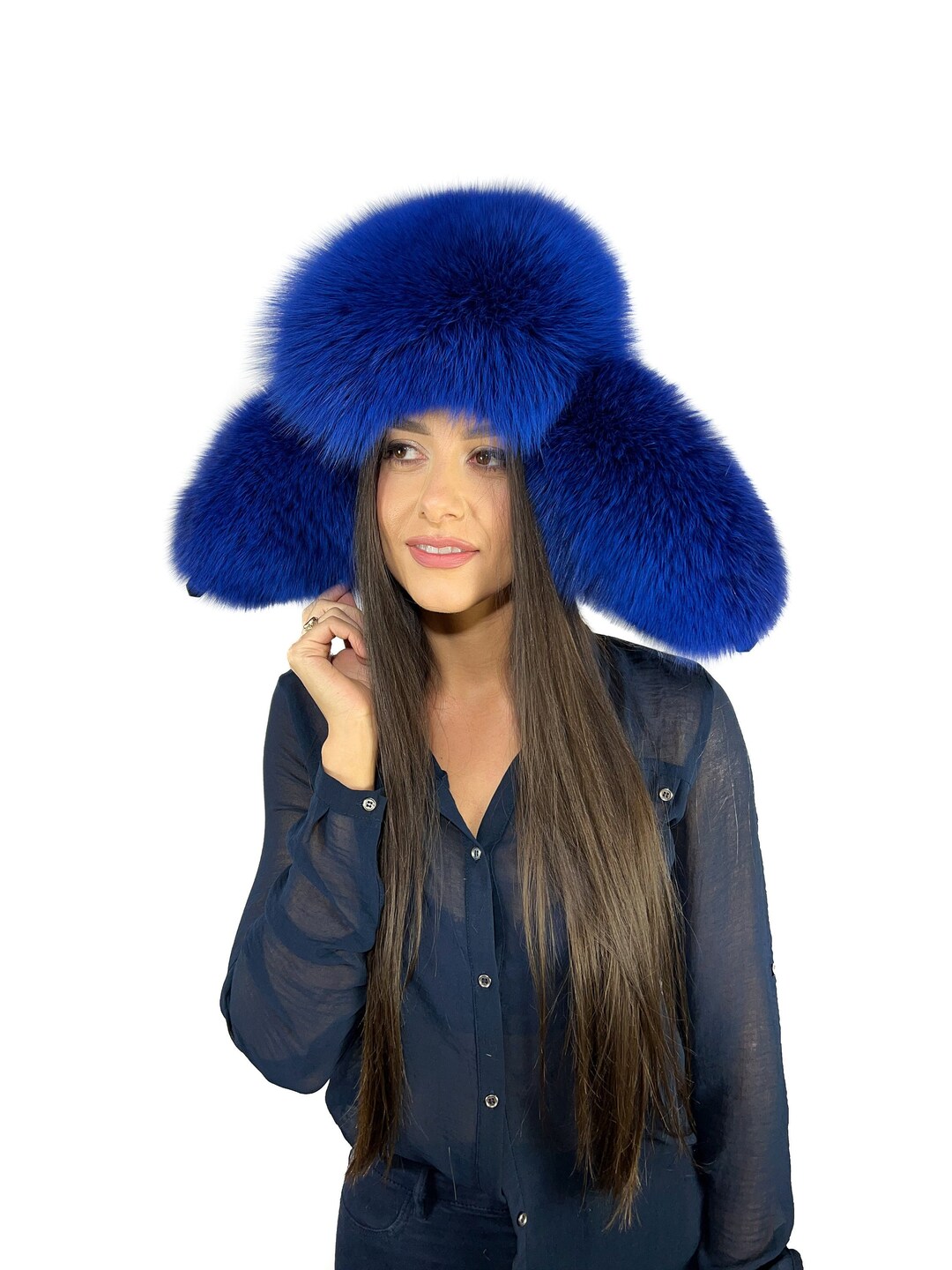 Blue Fox Fur Hat Leather Top Saga Furs Royal Blue Fur Hat Trapper ...