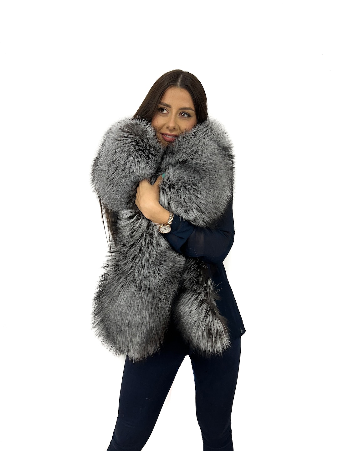 Big Silver Fox Fur Stole 70' 180cm Natural Silver Color Fur Collar Saga ...