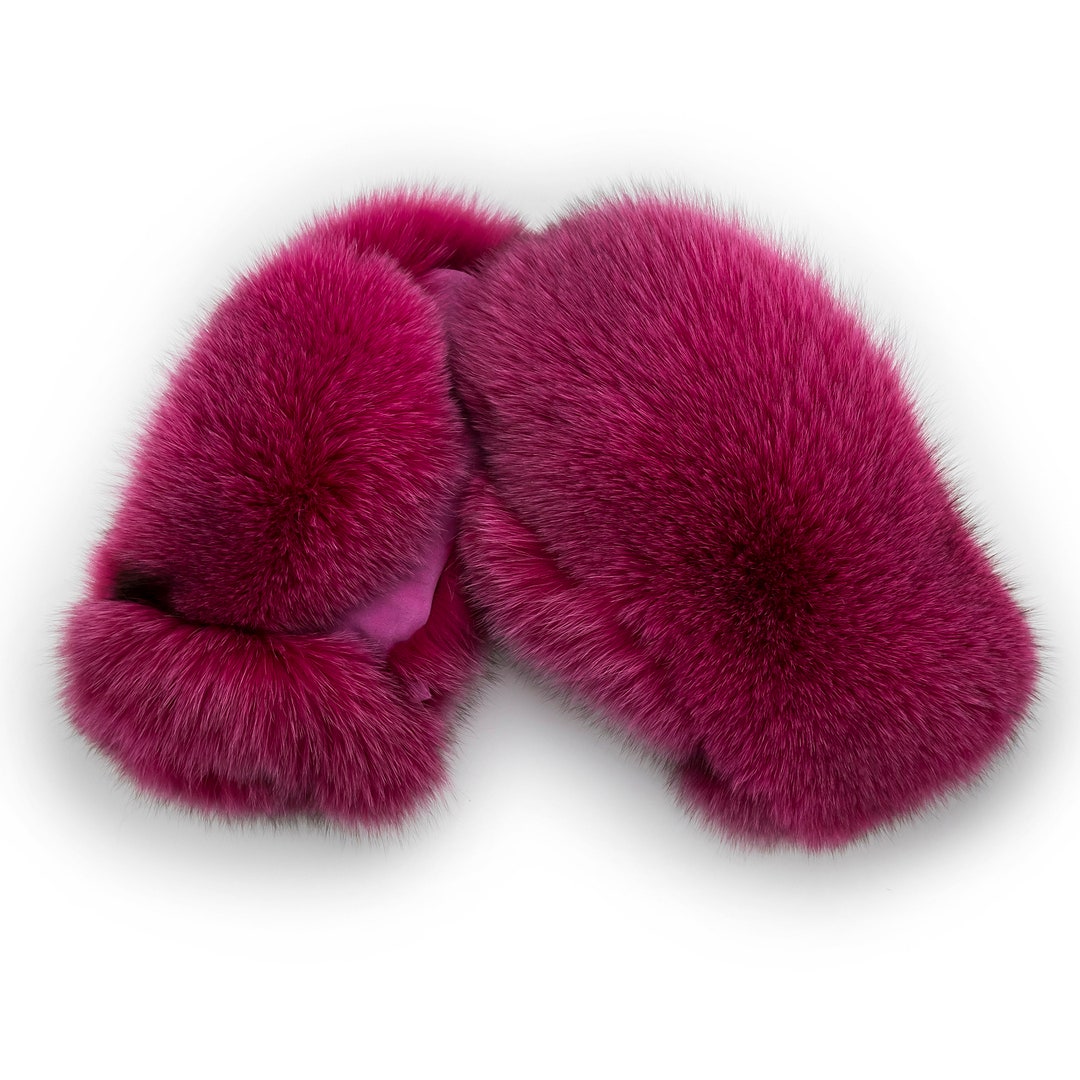 Raspberry Pink Fox Fur Mittens With Pink Suede Saga Furs for Women's - Etsy