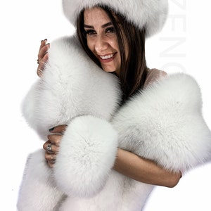 Double-sided Arctic Fox Fur Stole 75' 190cm Headband & Cuffs Pure White ...
