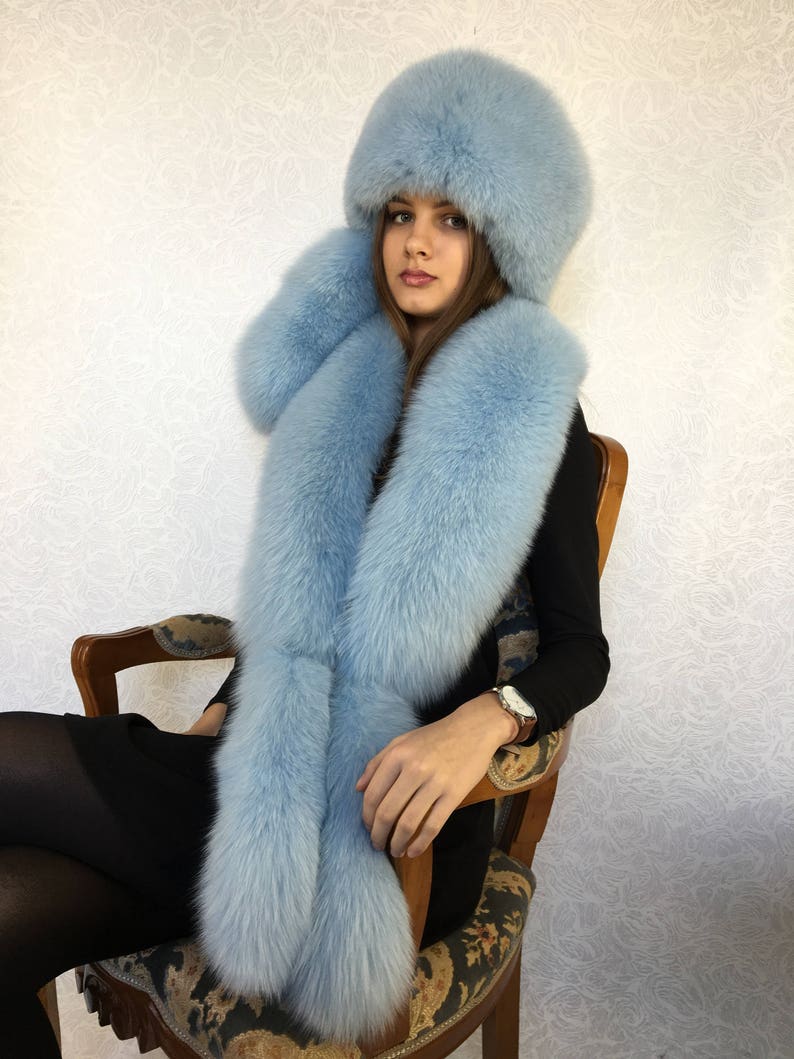 Arctic Fox Fur Collar 50' Full Fur Hat Light Blue Fur Set | Etsy