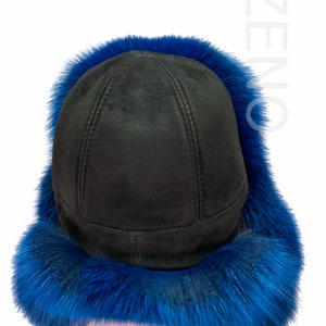 Blue Fox Fur Hat Suede Top Saga Furs Blue Fur Hat Trapper Aviator Fur ...