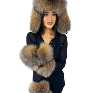 Giant Amber Blue Frost Fox Fur Mittens & Trapper Fur Hat Set Saga Furs ...