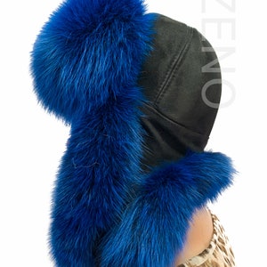 Blue Fox Fur Hat Suede Top Saga Furs Blue Fur Hat Trapper Aviator Fur ...