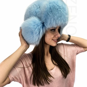 Arctic Fox Fur Hat Light Baby Blue Full Fur Ushanka Hat Adjustable Fur ...